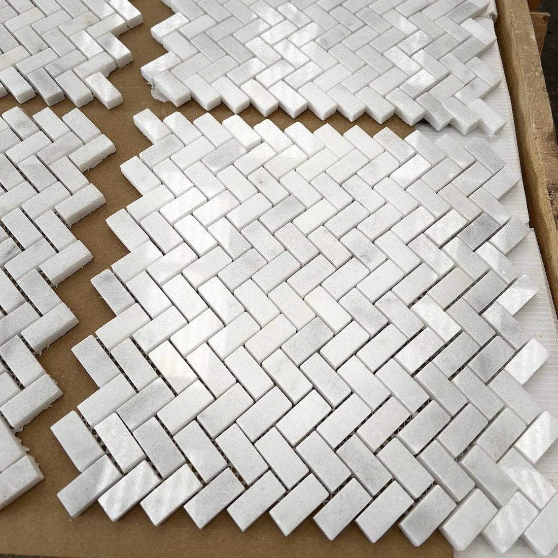 Carrara T Polished Mini Herringbone Marble Mosaic Tile for floor and walls.